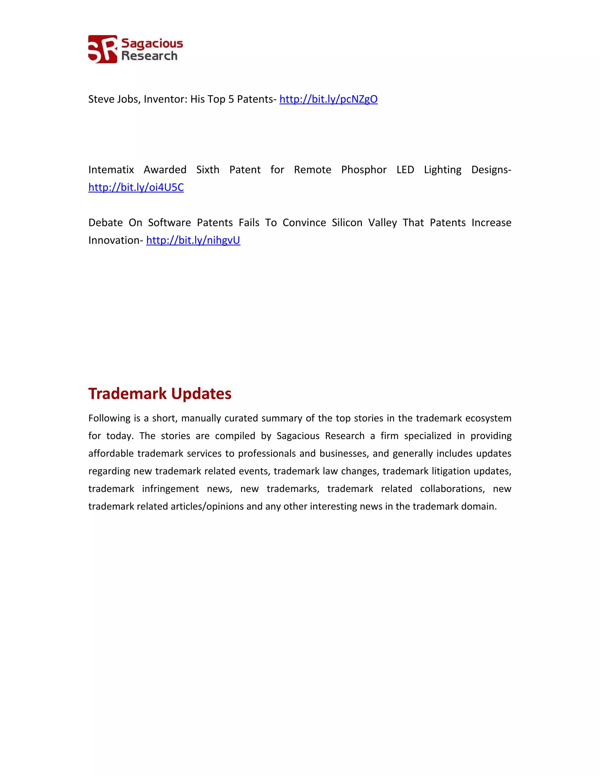 Sagacious research patent trademark updates | PDF