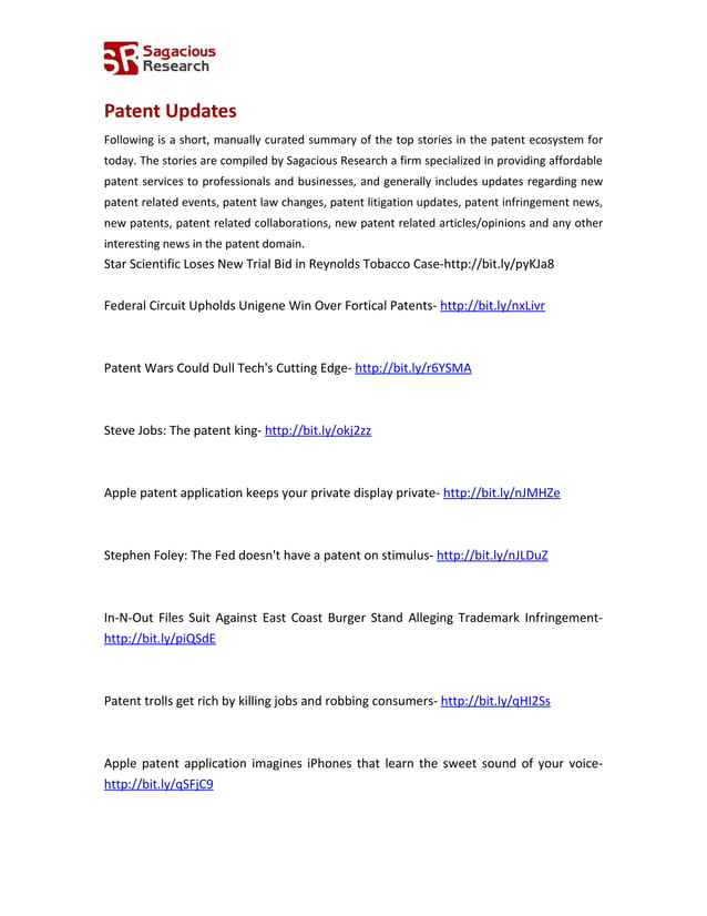Sagacious research patent trademark updates | PDF
