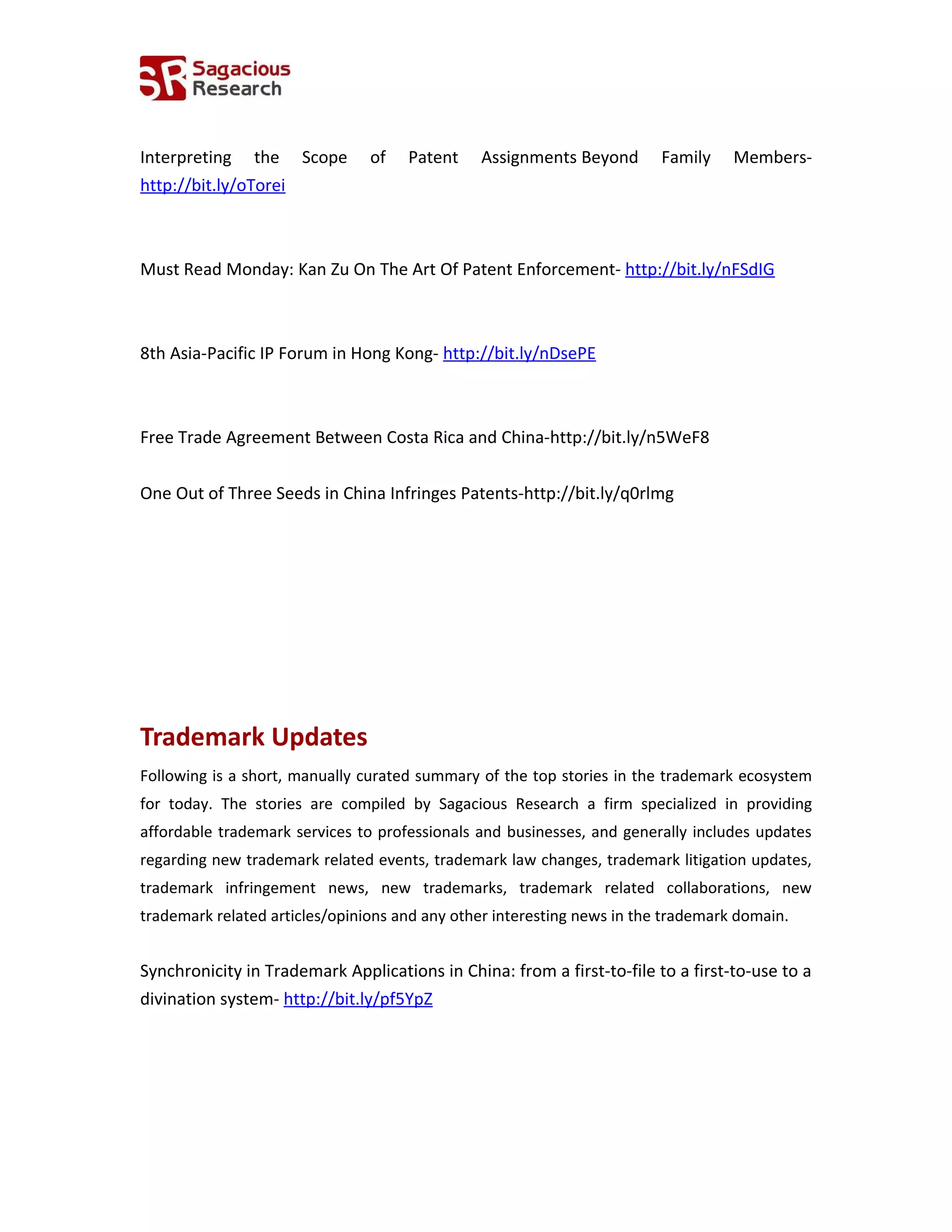 Sagacious research patent & trademark updates | PDF