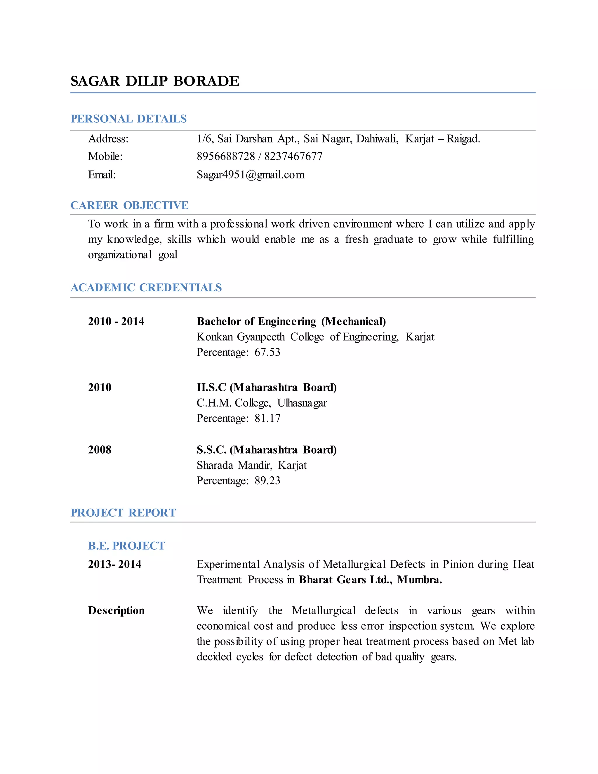 Sagar Borade (B.E. Mechanical) updated CV | DOCX