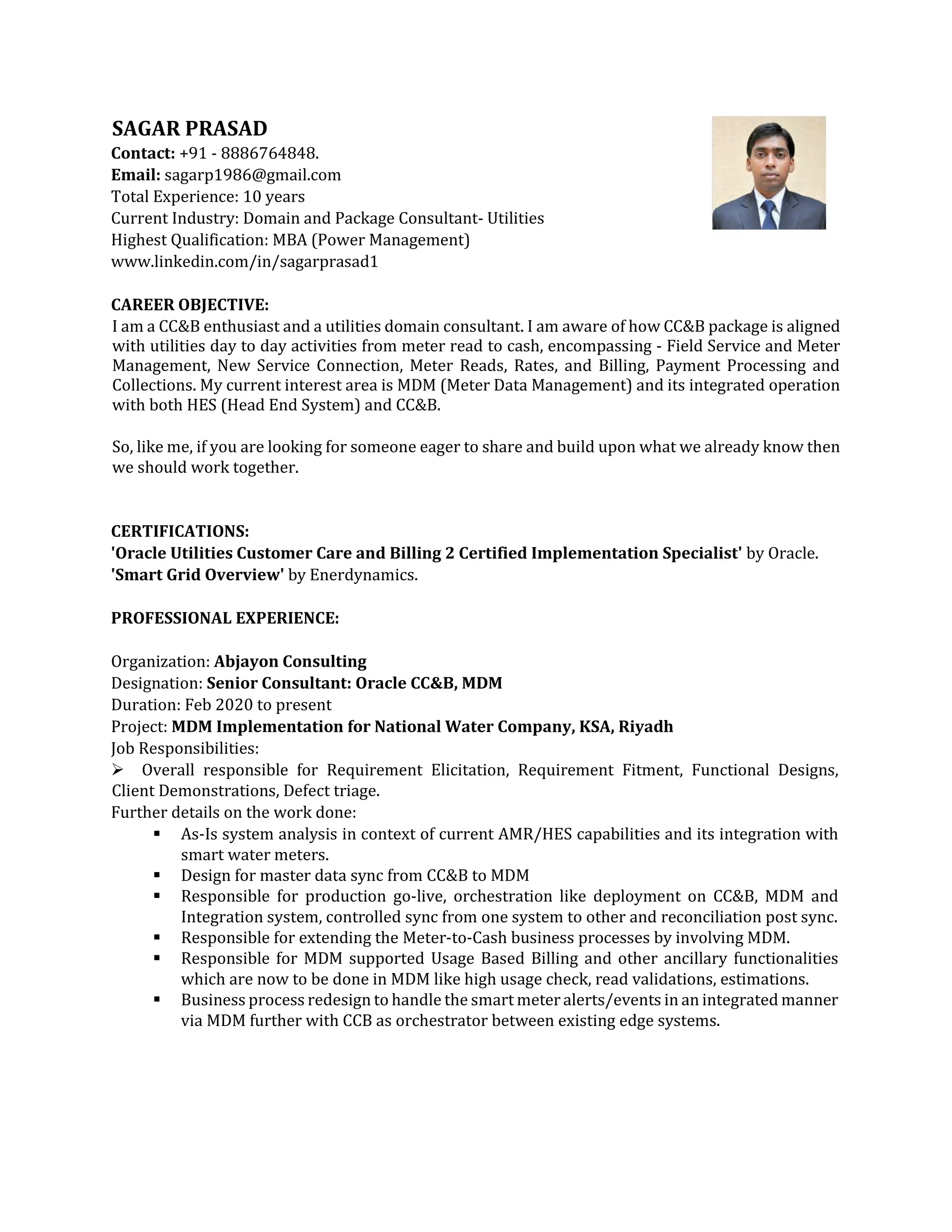 Sagar Prasad Utilities Domain Consultant and Oracle CCB-MDM Designer | PDF