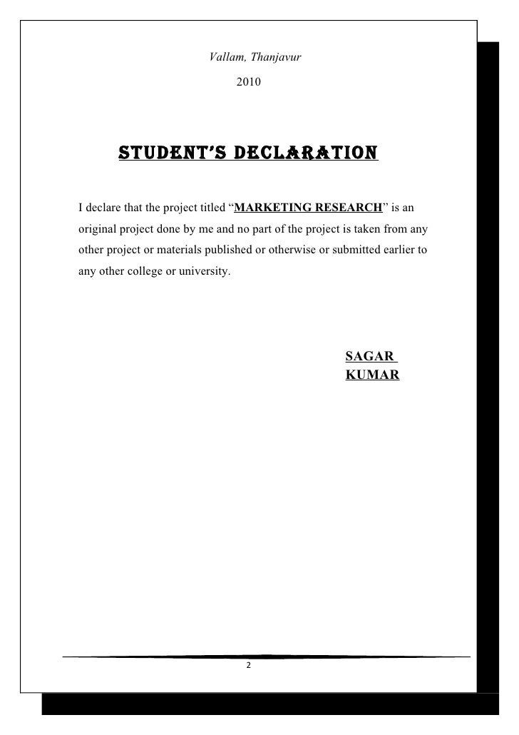 A PROJECT REPORT ON MARKETING RESEARCH