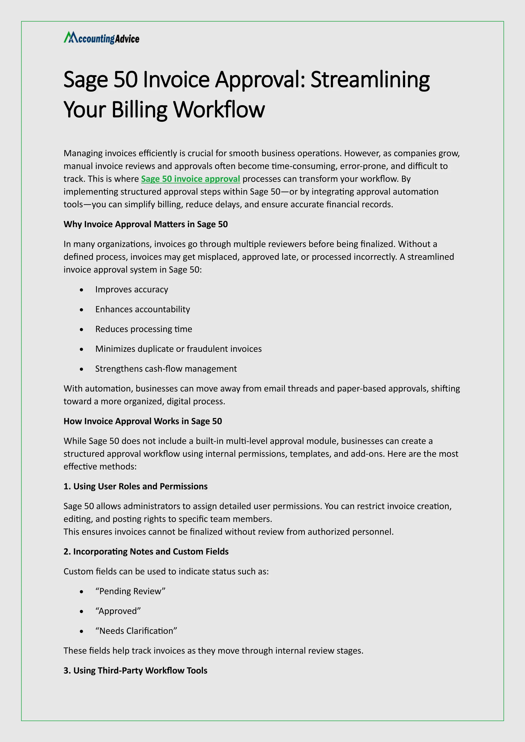 Sage 50 Invoice Approval Streamlining Your Billing Workflow | PDF