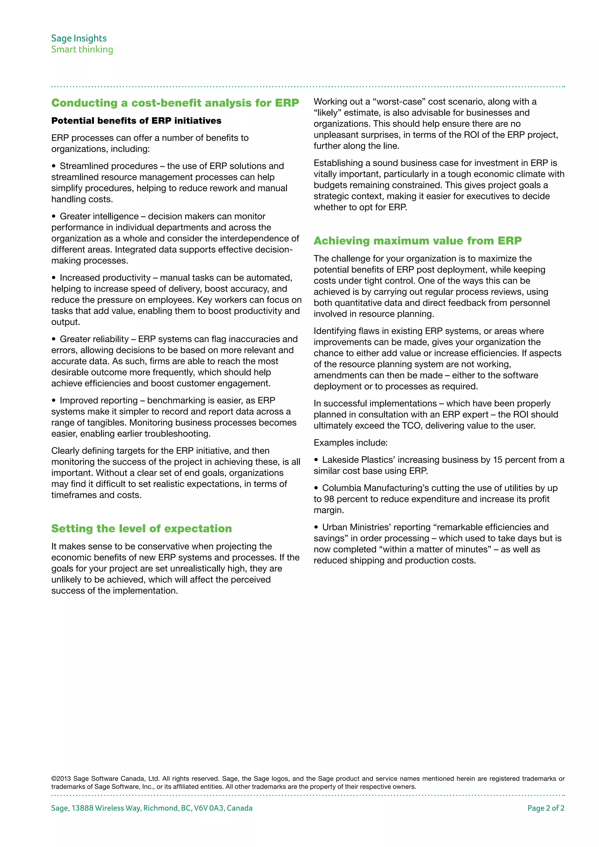 Sage ERP Cost Benefit Analysis | PDF