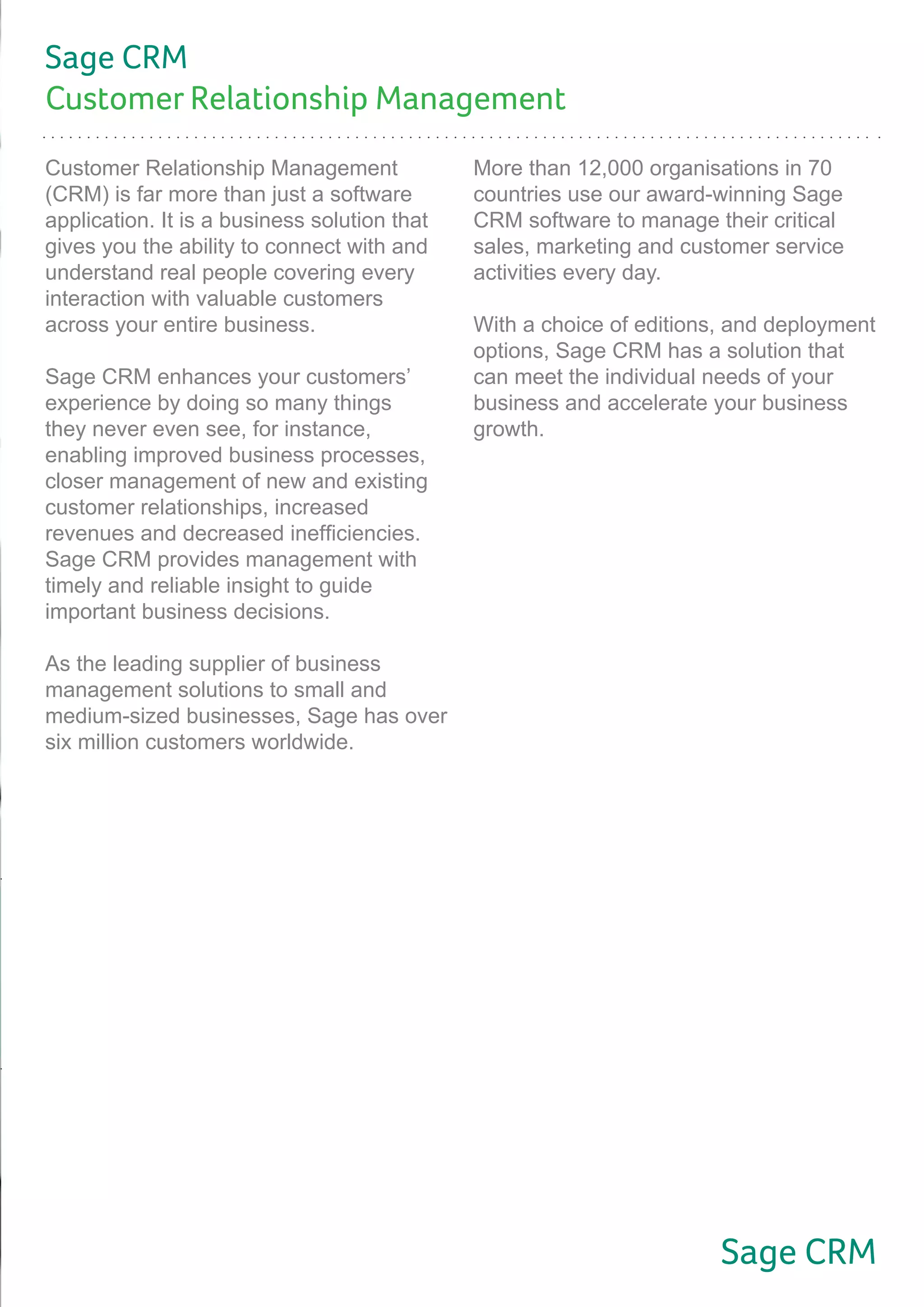 Sage CRM Product Overview Brochure | PDF