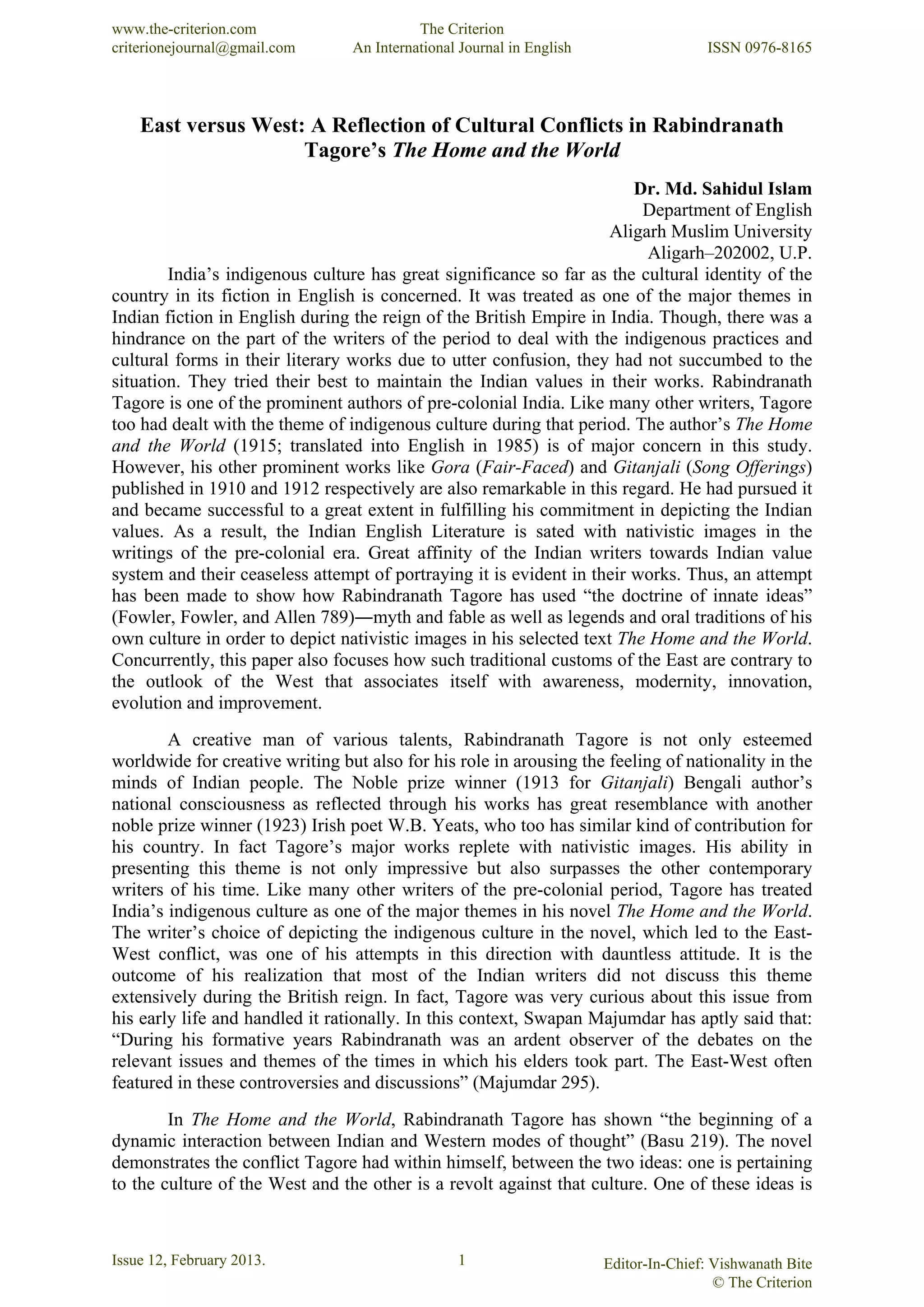 East and West A Reflection of cultural conflict in Rabindranath Tagore ...