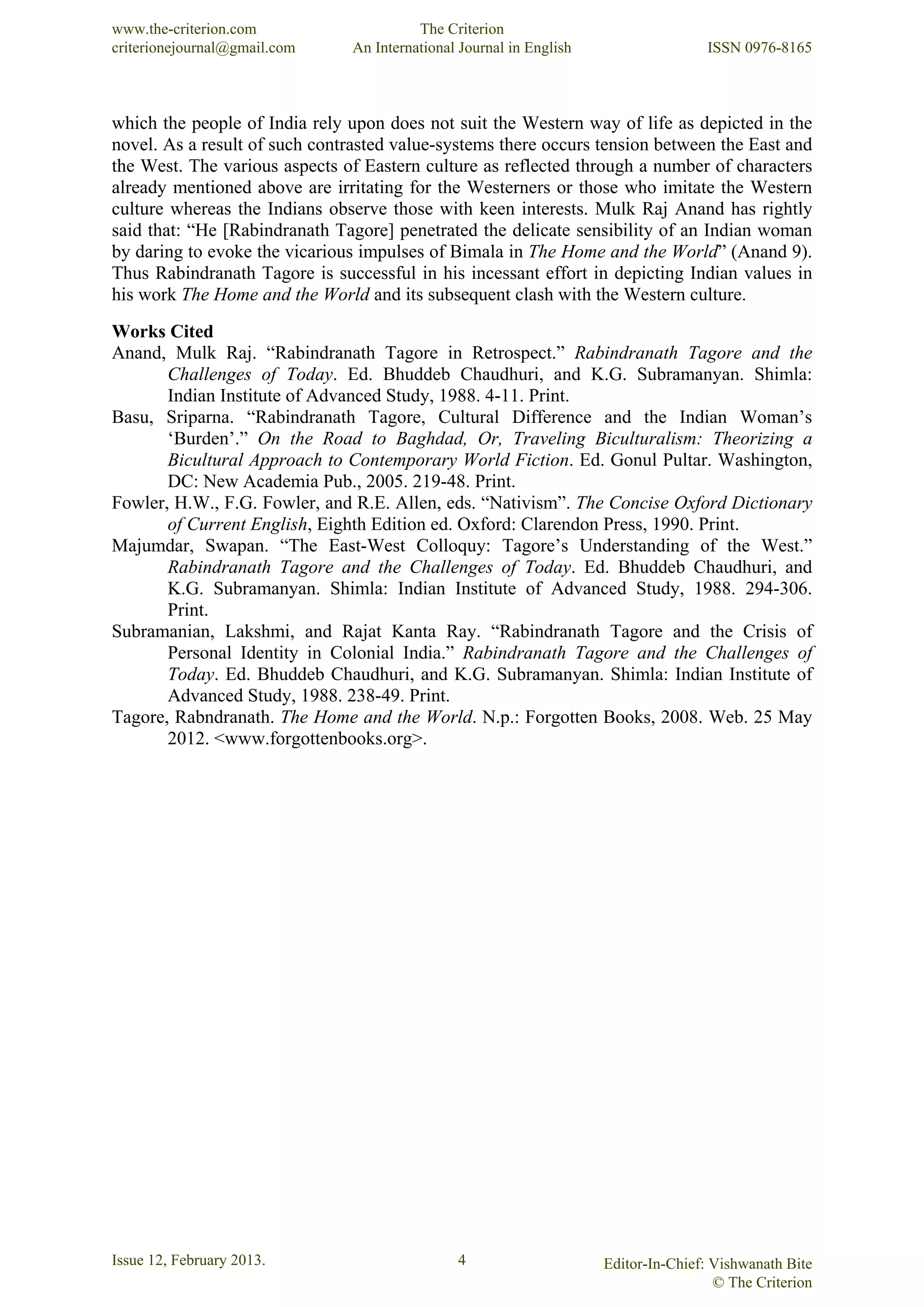 East and West A Reflection of cultural conflict in Rabindranath Tagore ...