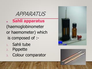 Sahli+pcv practical hemoglobinometer and hematocrite | PPTX