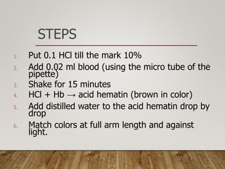 Sahli+pcv practical hemoglobinometer and hematocrite | PPTX