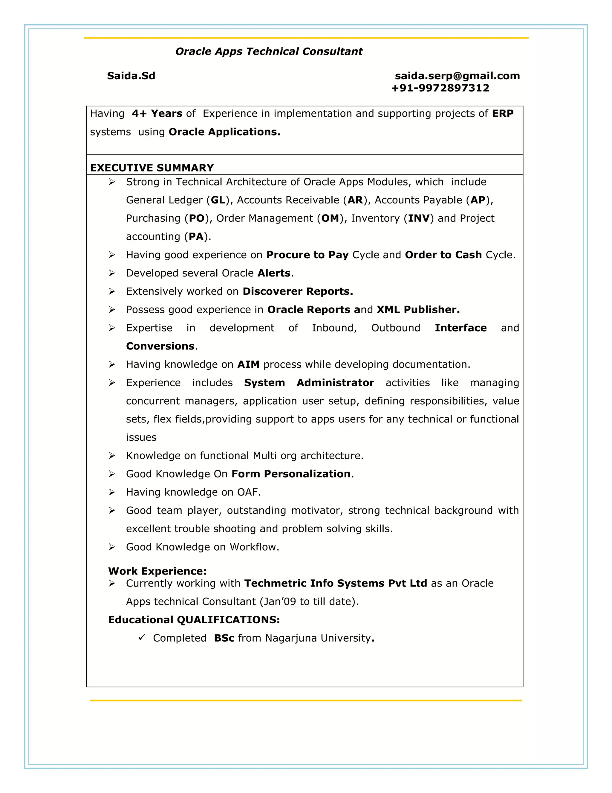 Saida oracle apps technical consultant | PDF