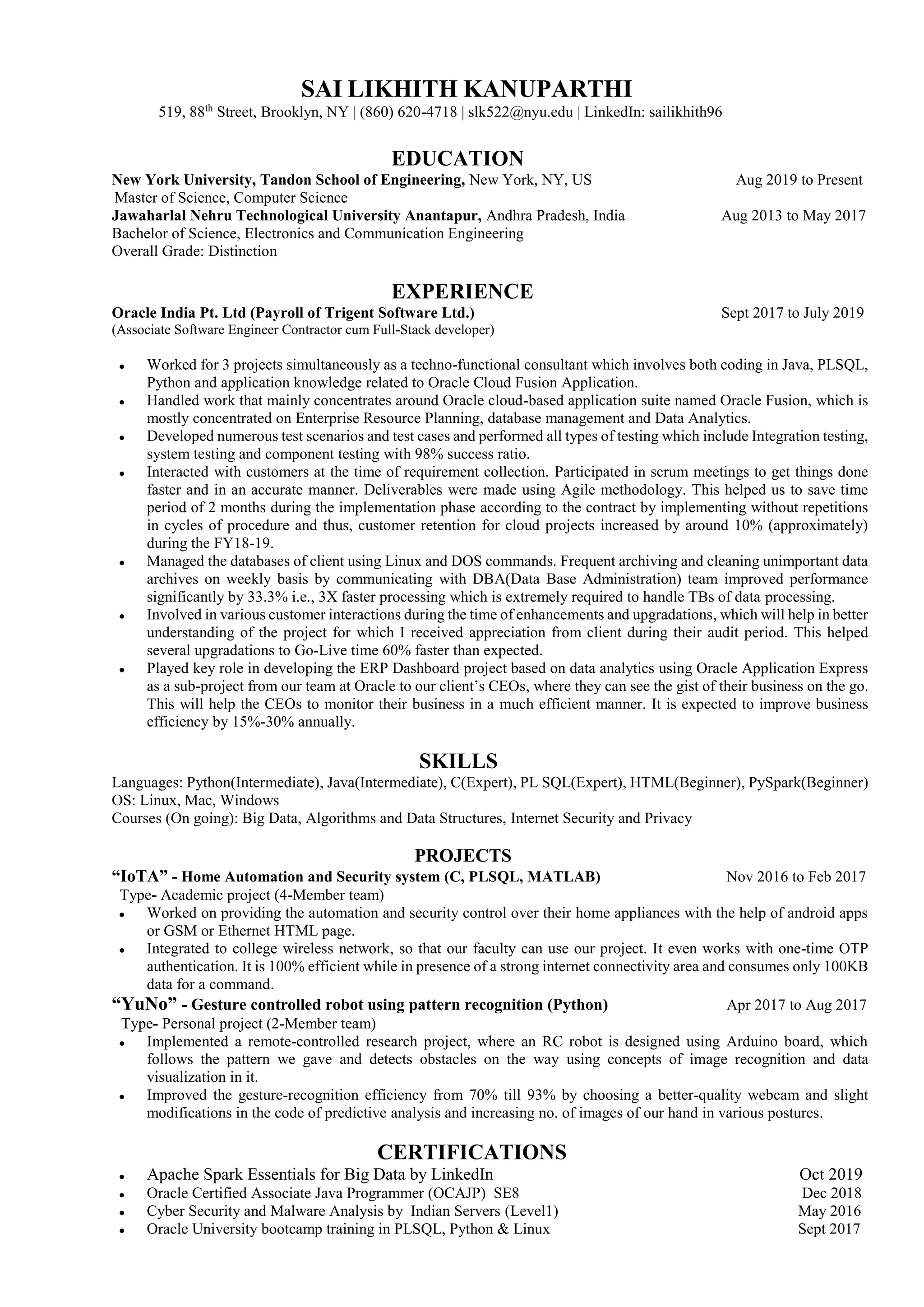 Sai Likhith Kanuparthi's internship resume | PDF