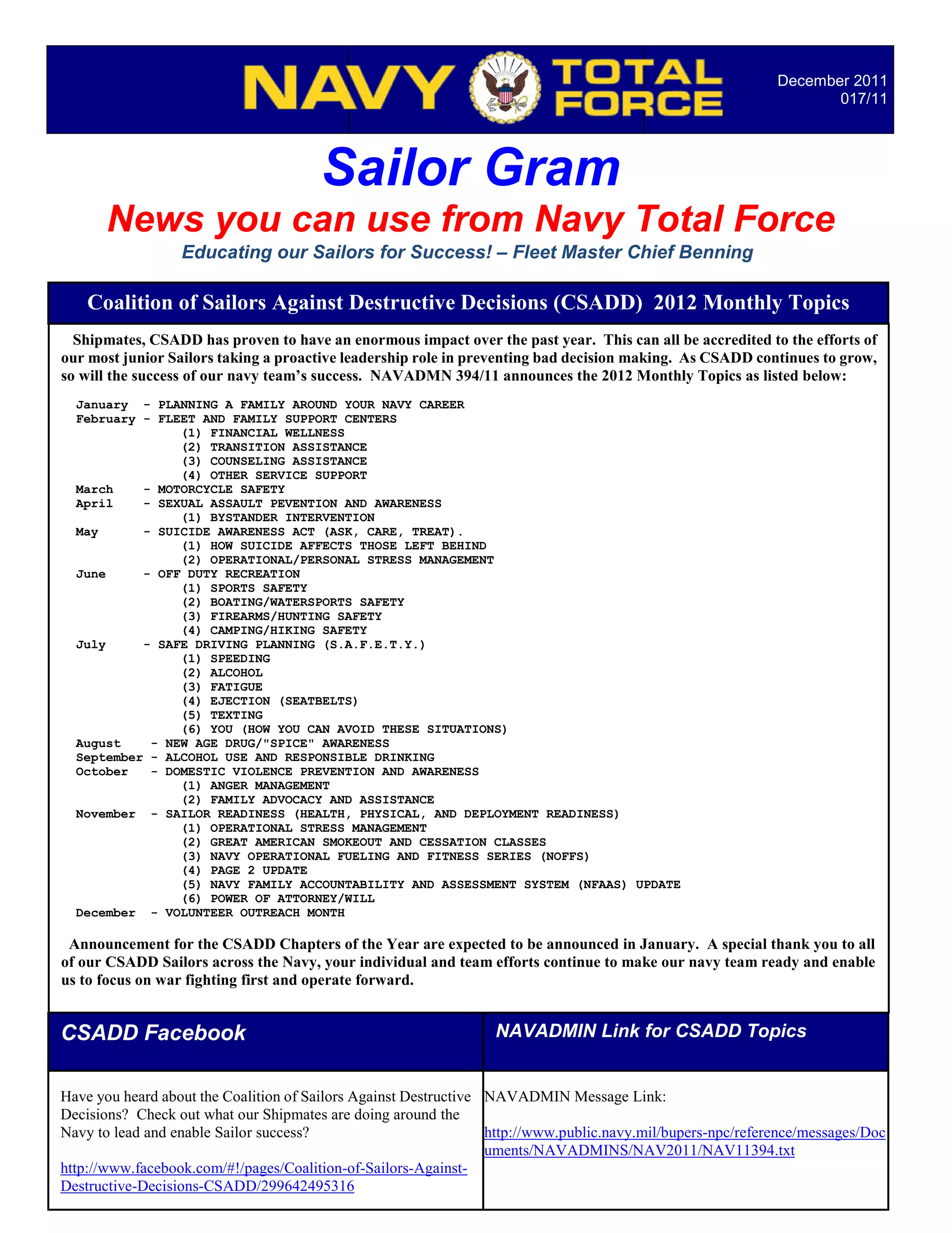 Sailor gram 017 11 csadd monthly topics | PDF