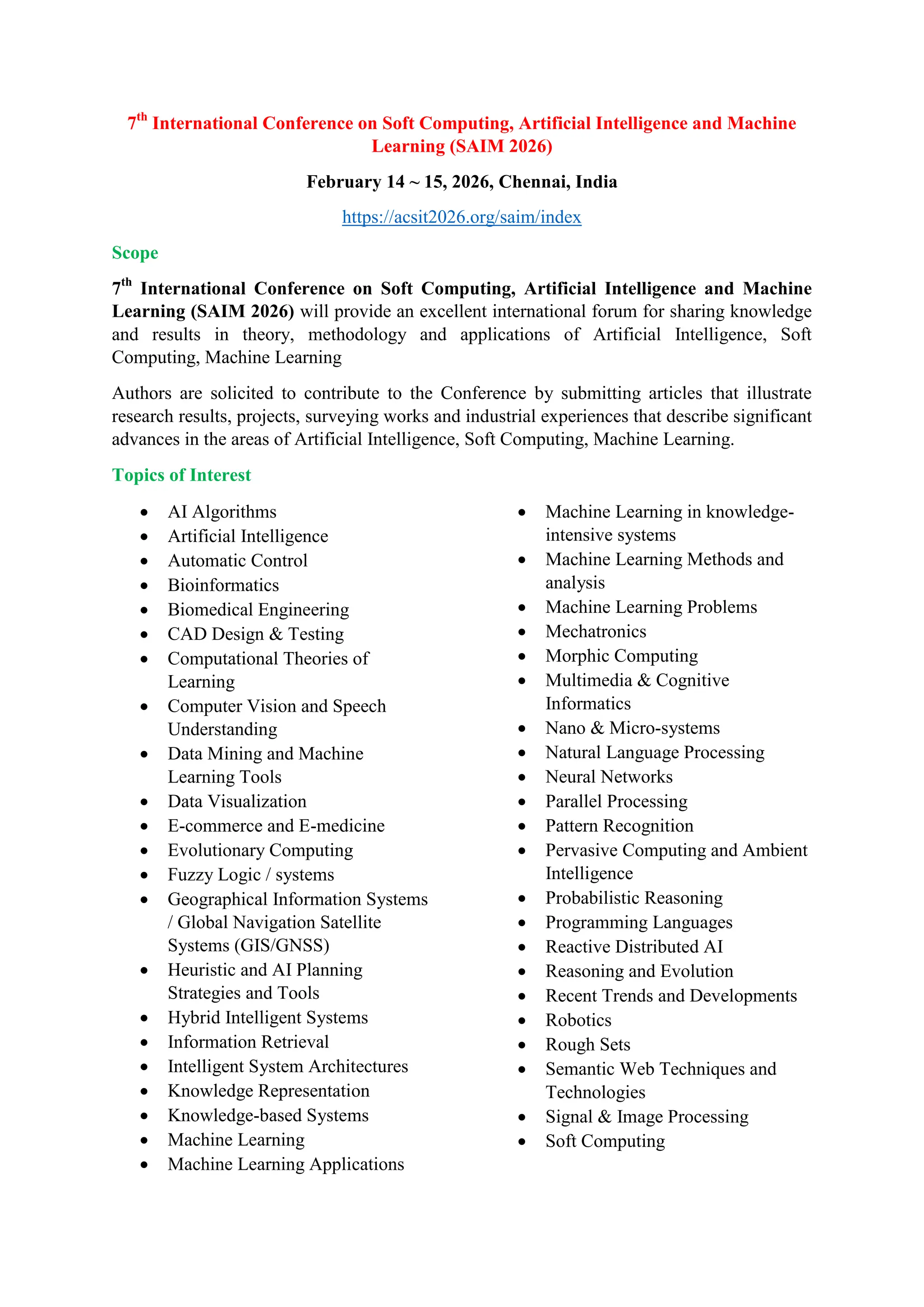 7th International Conference on Soft Computing, Artificial Intelligence and Machine Learning ...