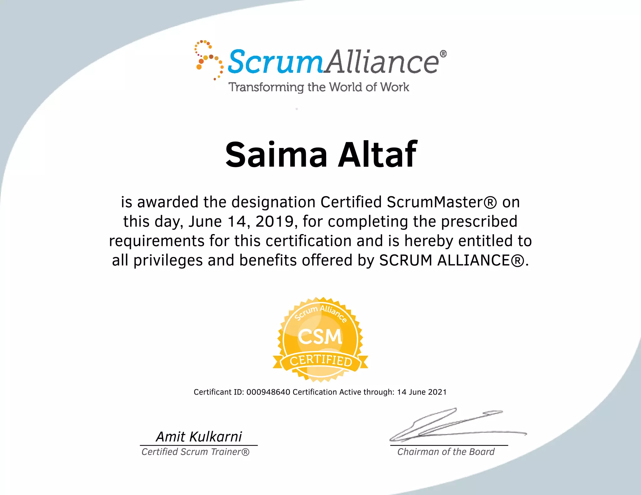Saima altaf scrum alliance-csm_certificate | PPT
