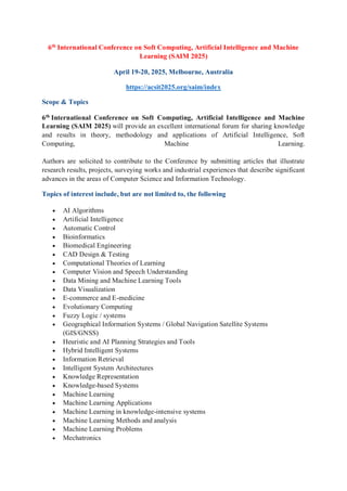 CFP-6th International Conference on Soft Computing, Artificial Intelligence and Machine Learning ...