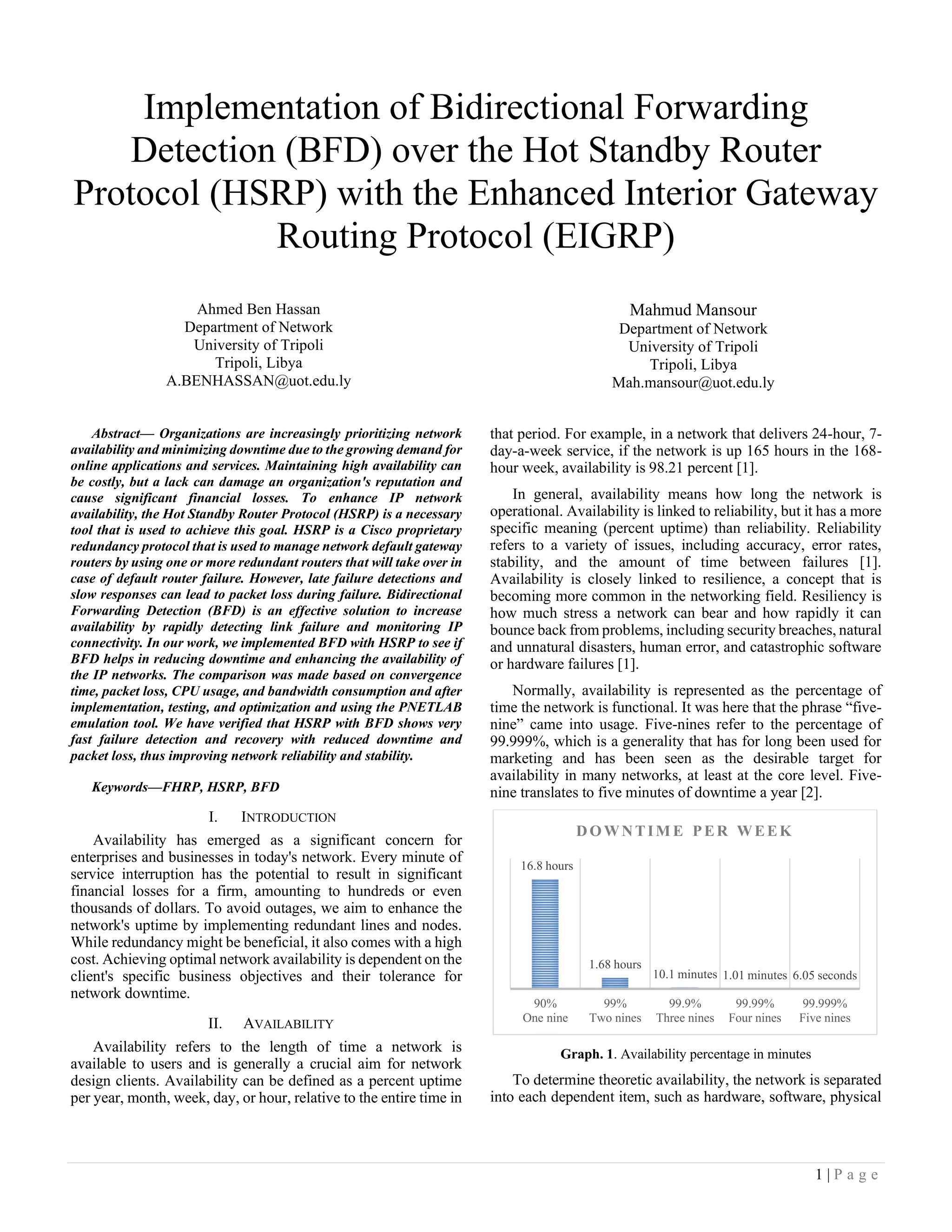 Performance Evaluation of Bidirectional Forwarding Detection (BFD) over the First Hop Redundancy ...