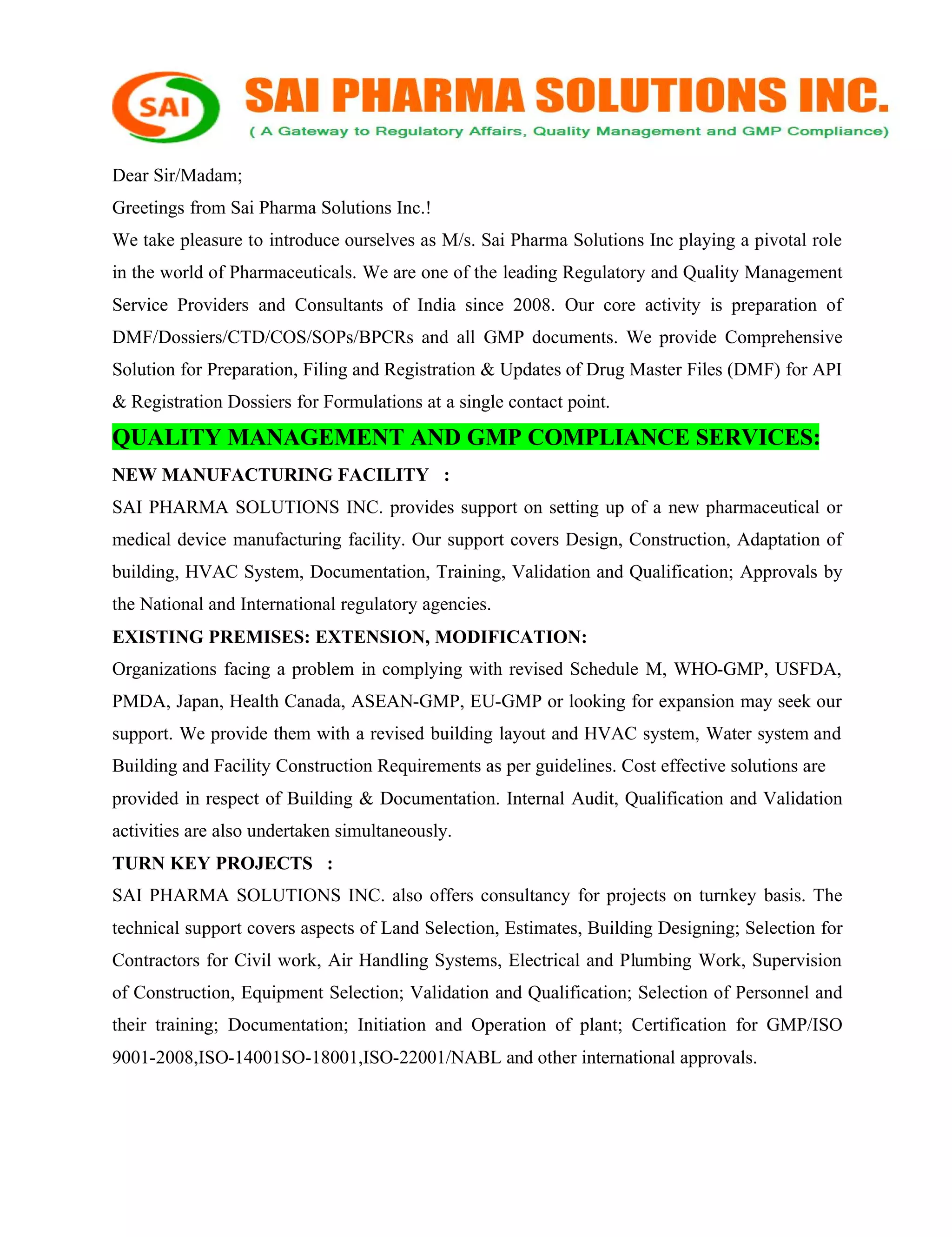 Sai pharma solutions regulatory and quality management service ...