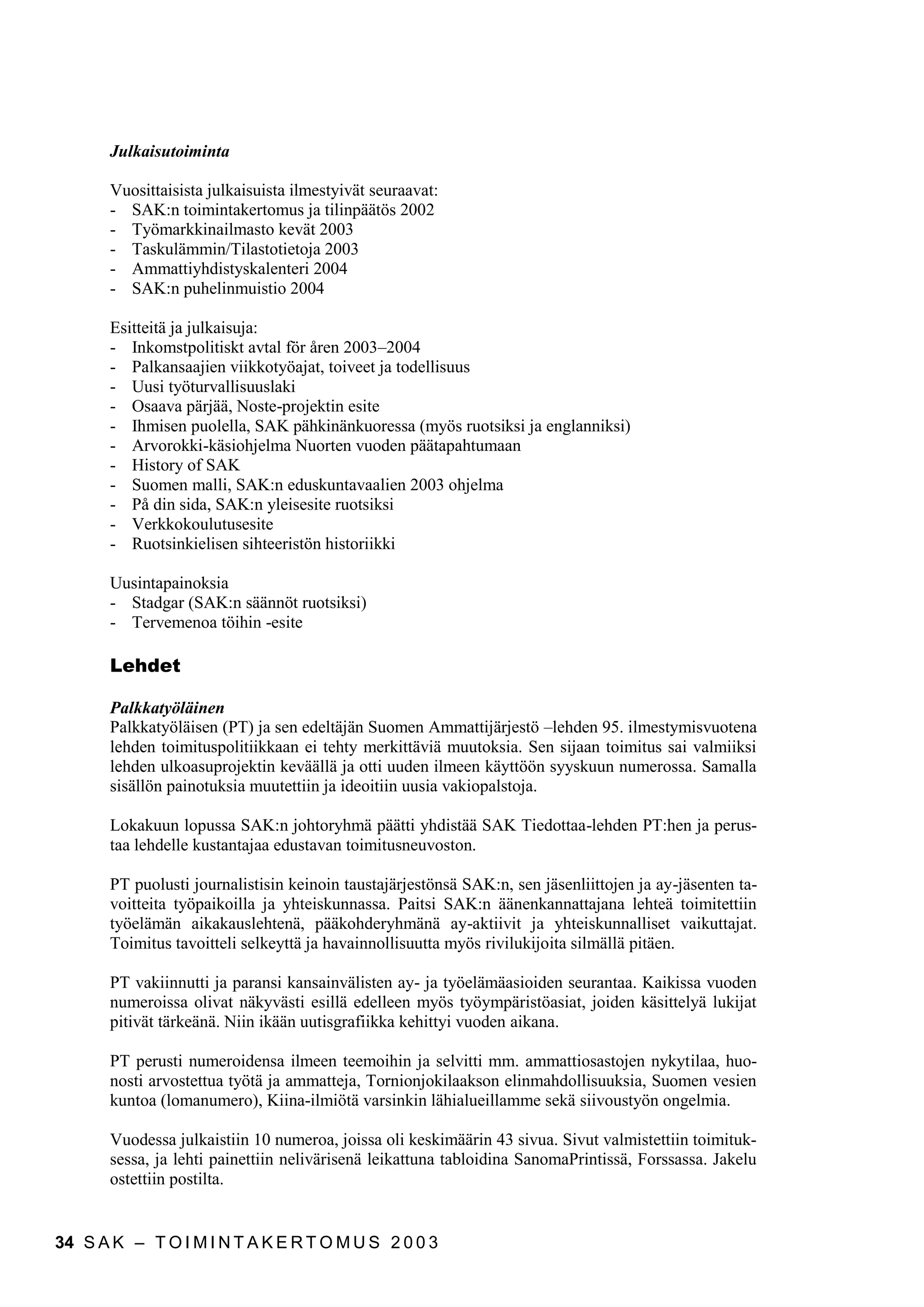 SAK:n toimintakertomus 2003 | PDF