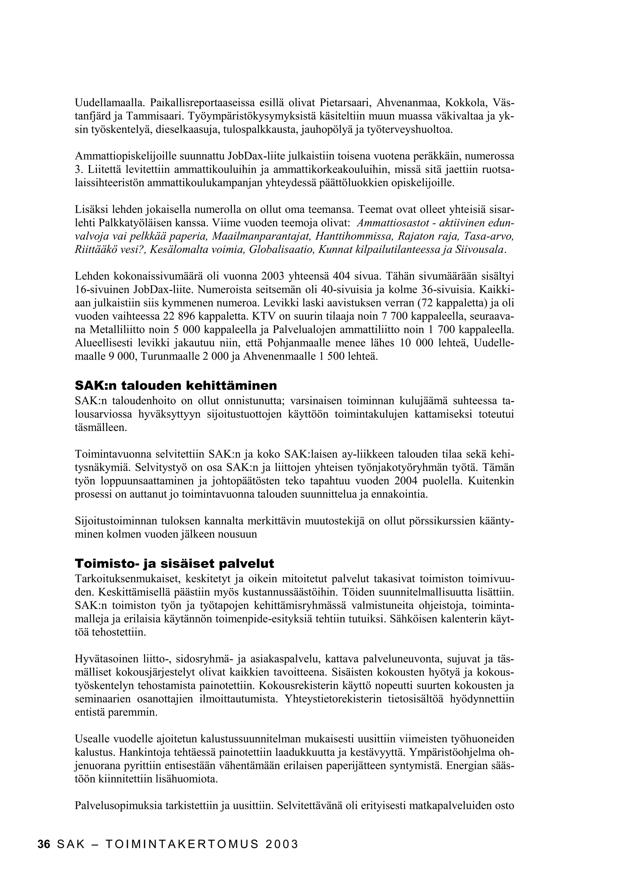 SAK:n toimintakertomus 2003 | PDF