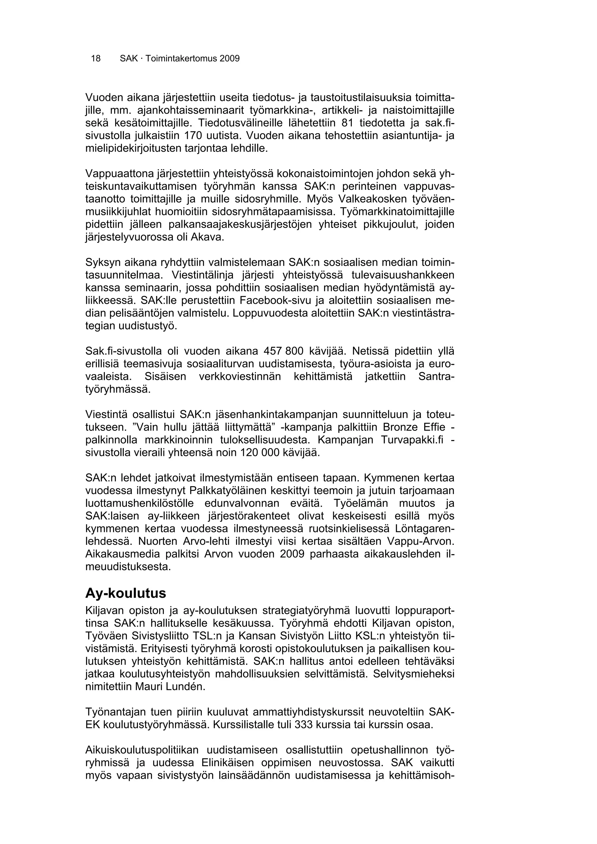 SAK:n toimintakertomus 2009 | PDF