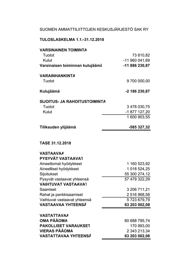 SAK:n tilinpäätöstiedot 2018 | PDF