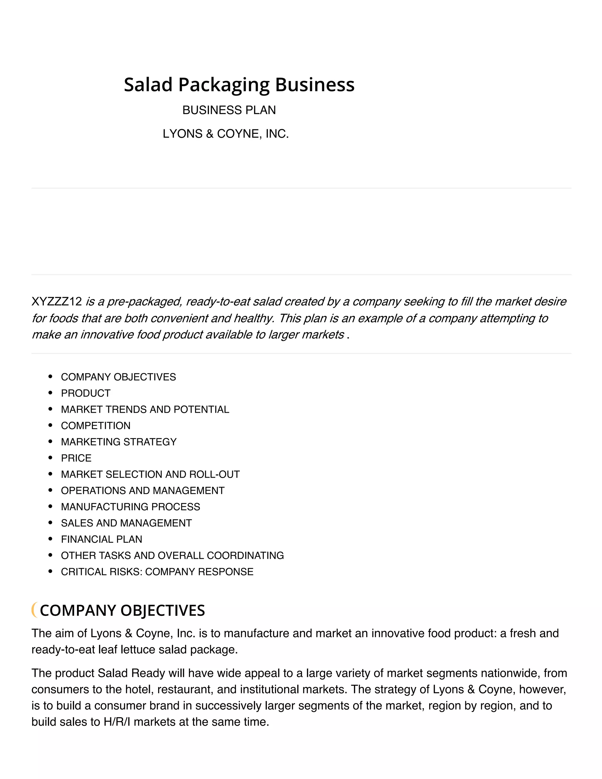 Salad Packaging Business Sample Plan | PDF