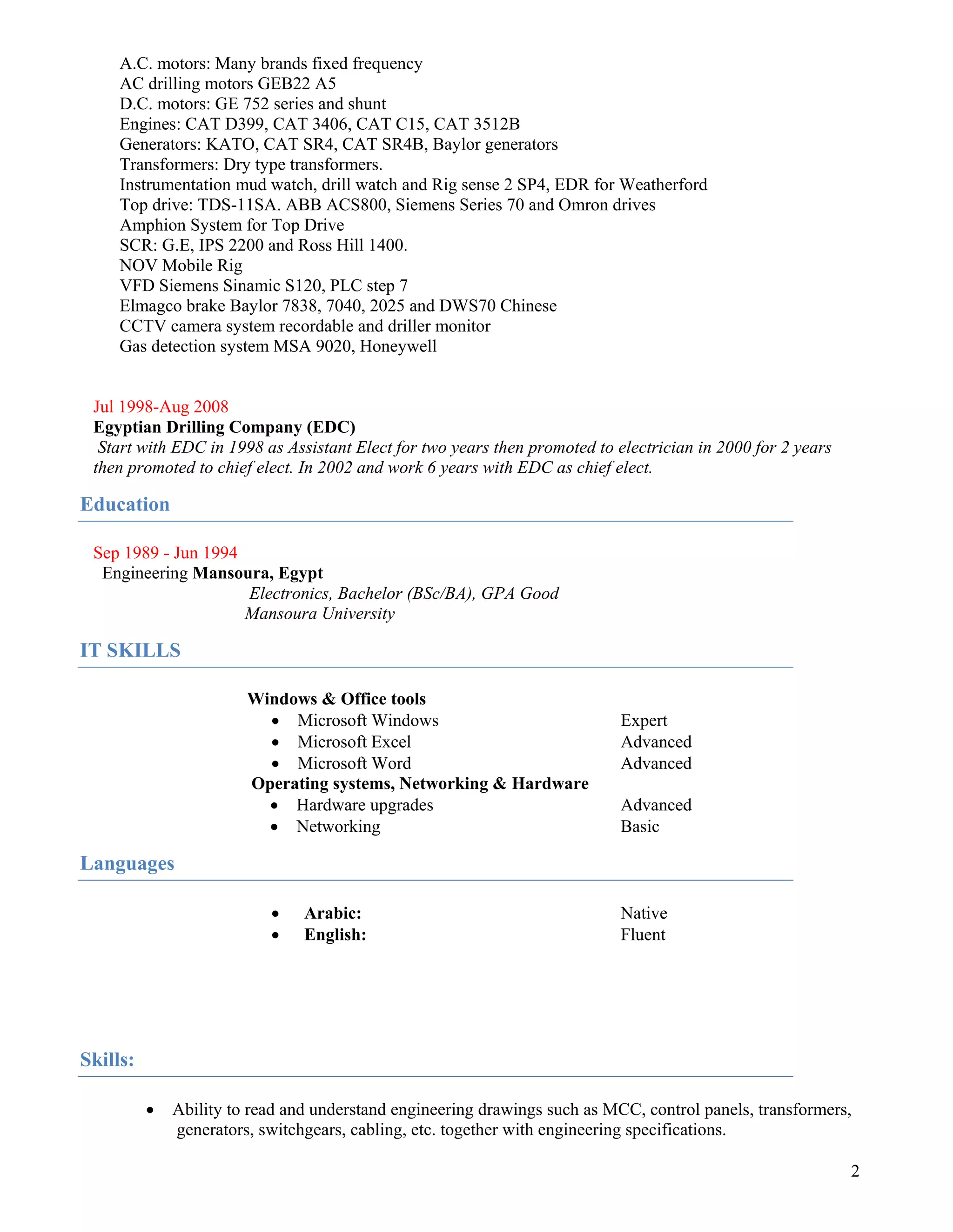 Salah mansour's cv chief electrician | PDF