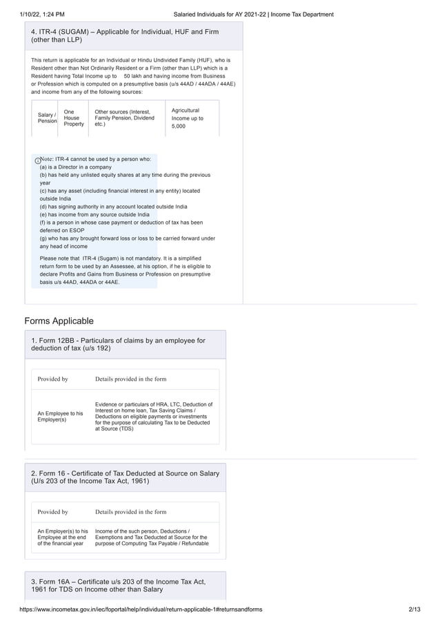 Salaried individuals for ay 2021 22 income tax department | PDF