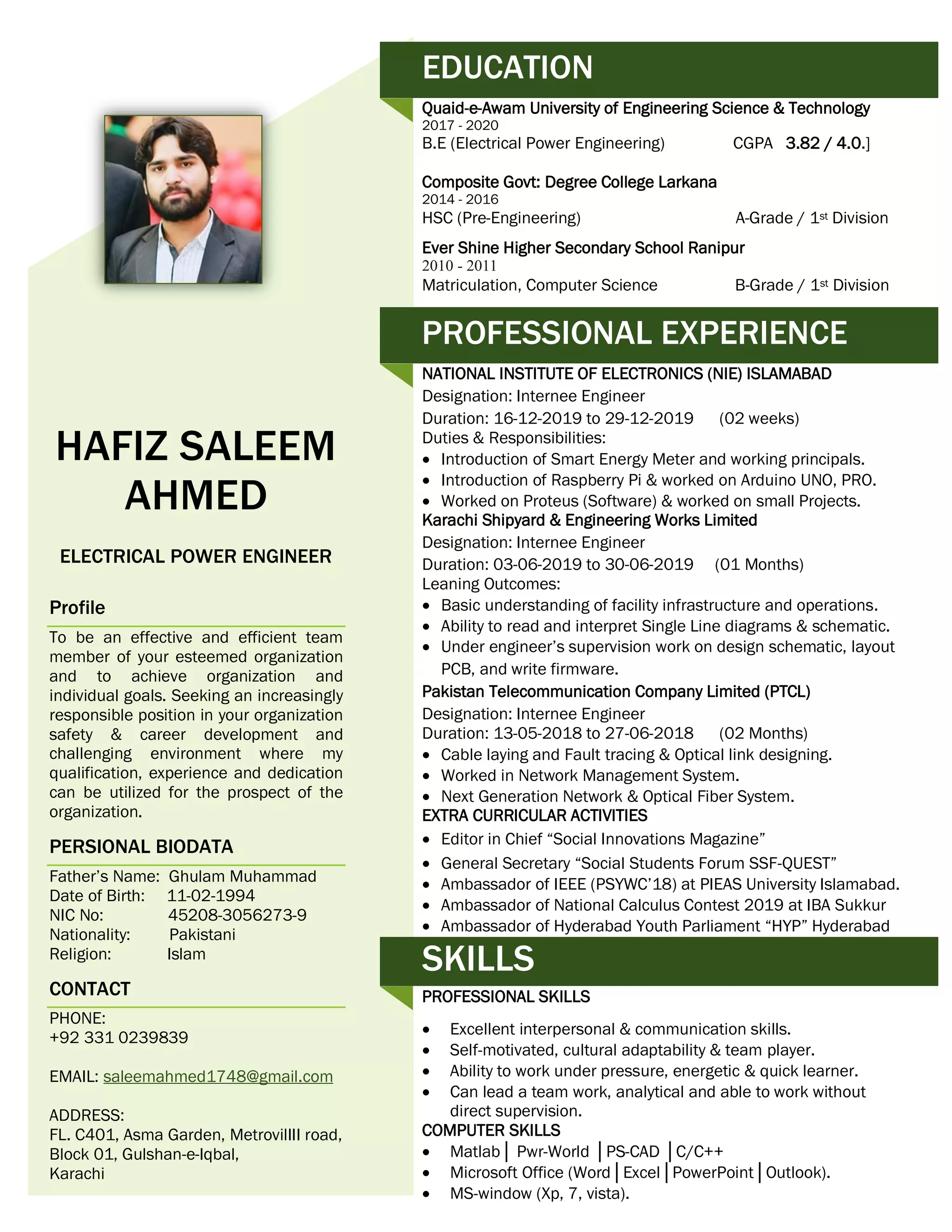 Hafiz Saleem Ahmed Saleem Power Electrical Engineer cv ubdated | PDF | Civil Engineering ...