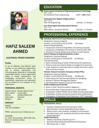 Hafiz Saleem Ahmed Saleem Power Electrical Engineer cv ubdated | PDF ...