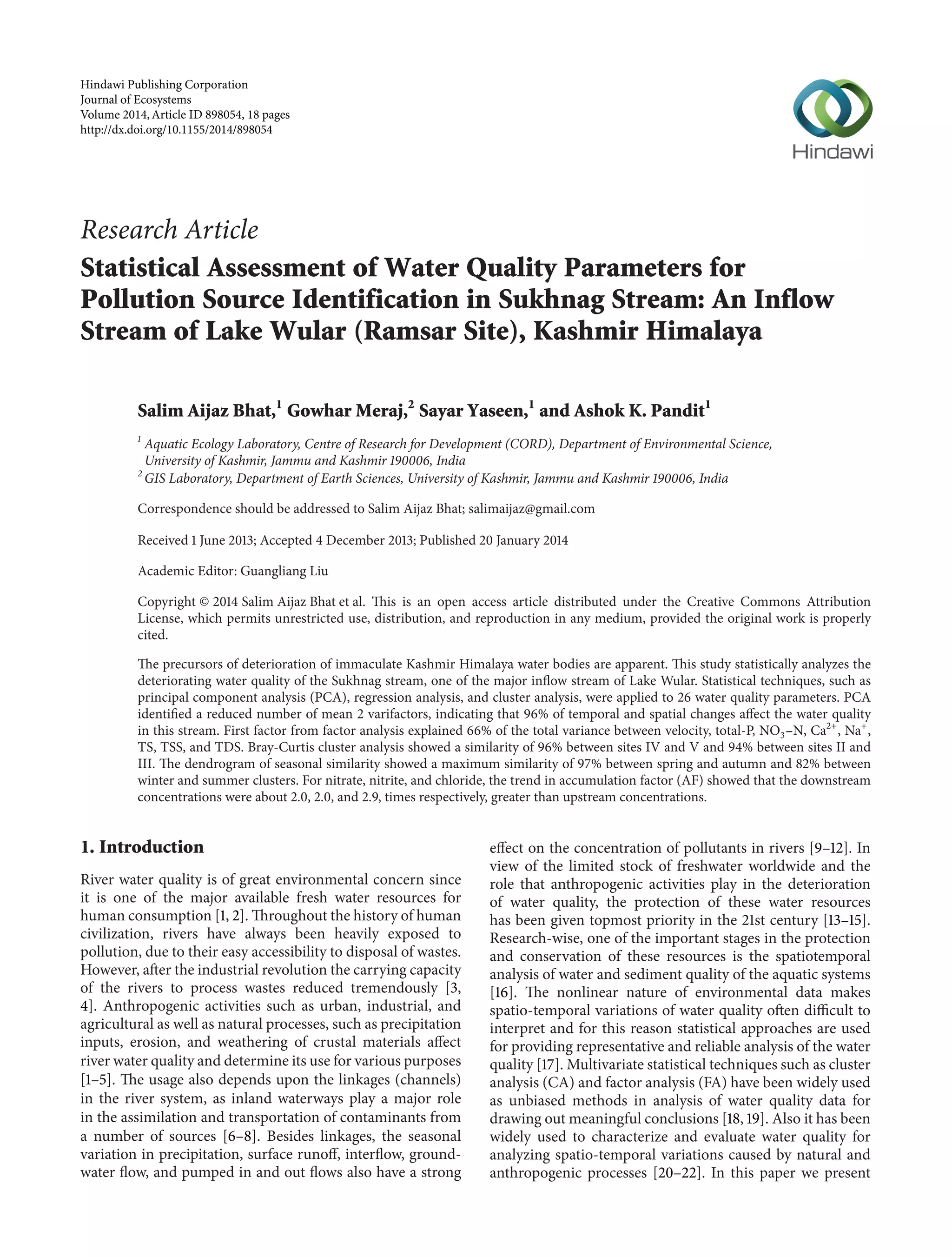 Statistical Assessment of Water Quality Parameters for Pollution Source ...