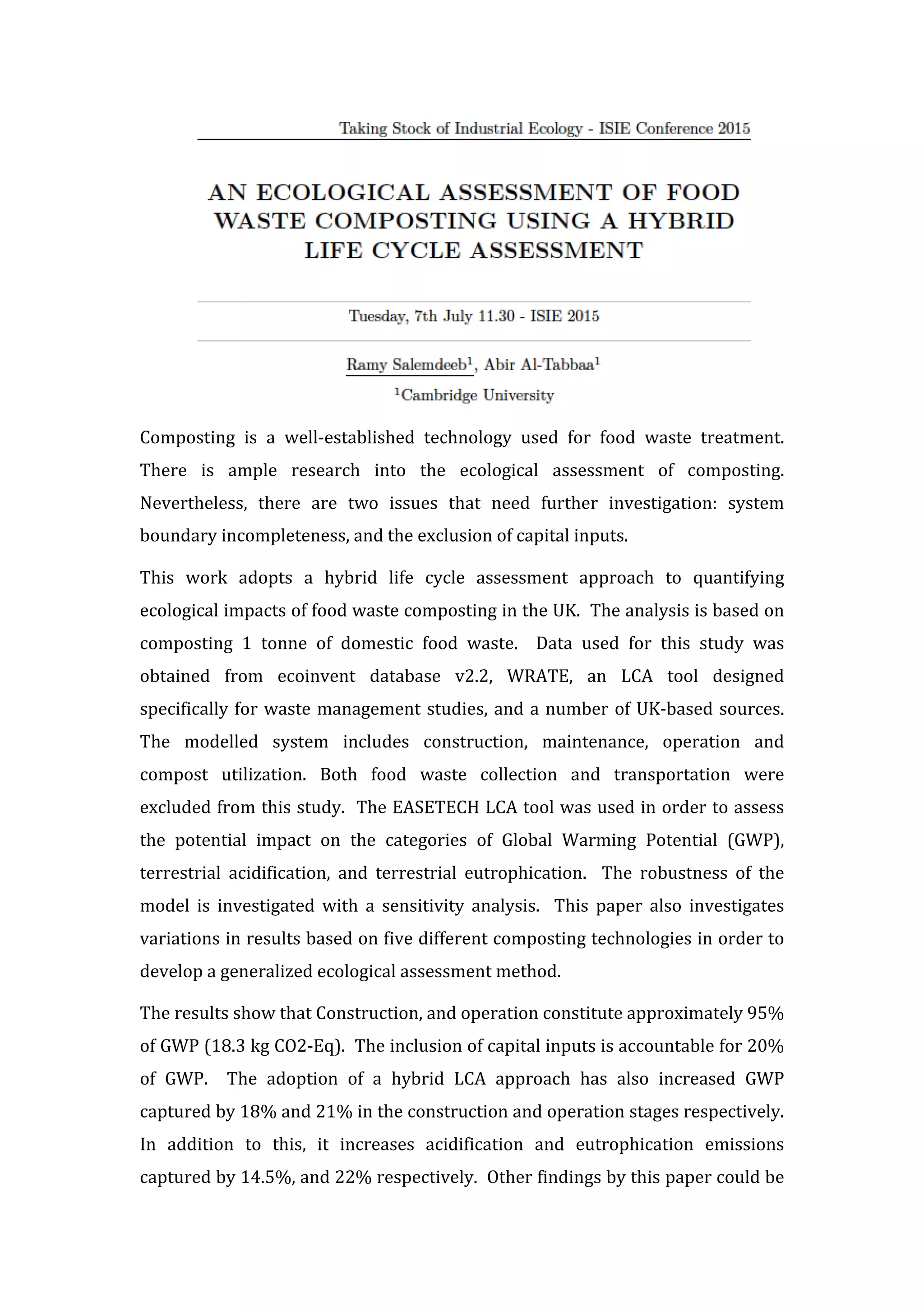 An ecological assessment of food waste composting using a hybrid life cycle assessment | PDF ...
