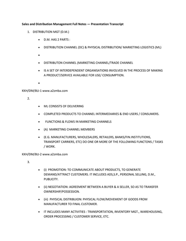 Sales and distribution management full notes | DOCX | Retail Industry ...
