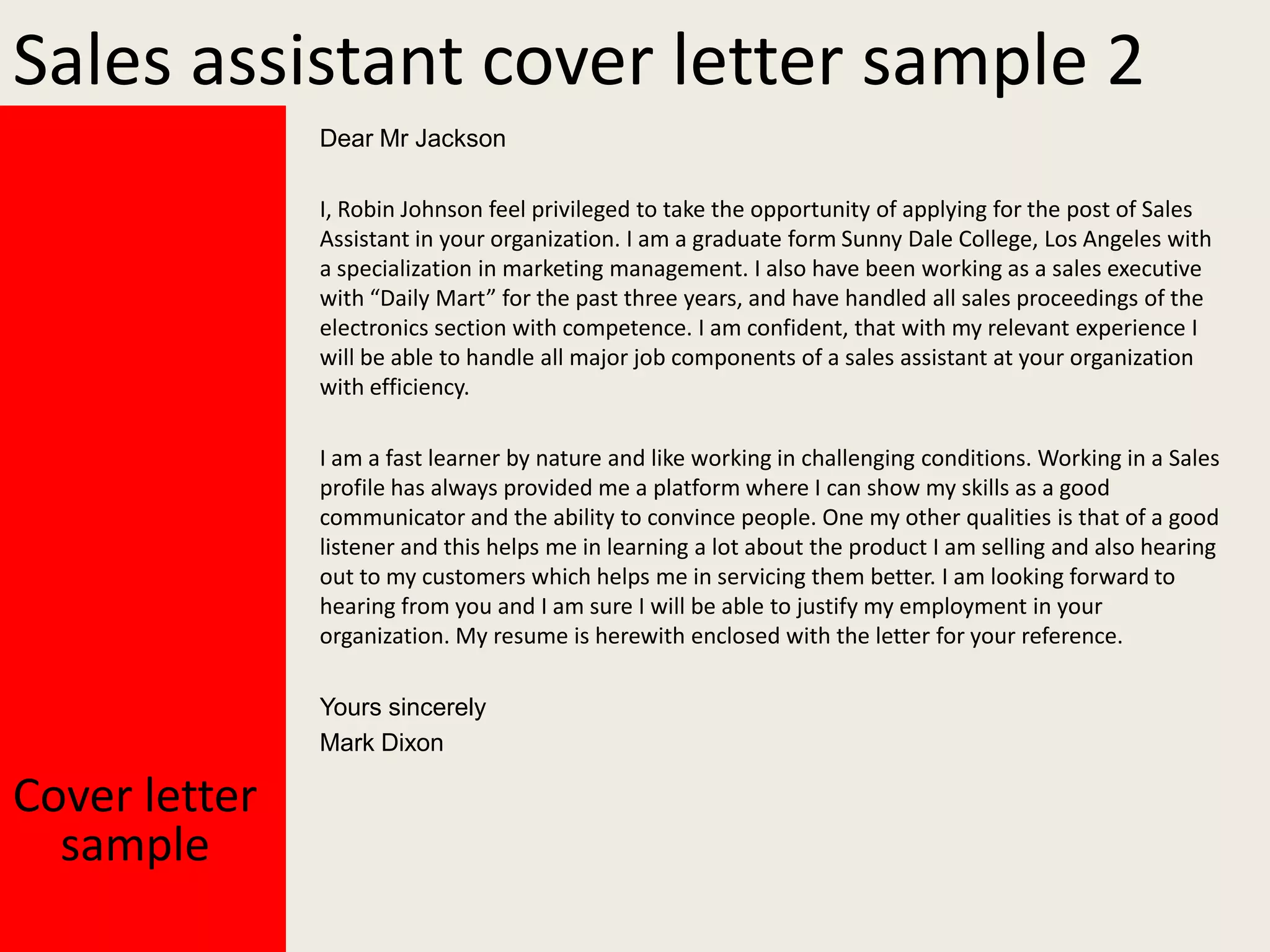Sales assistant cover letter | PPTX