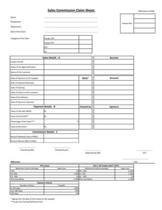 Sales Commission Claim Sheet for Medical Device Company | PDF