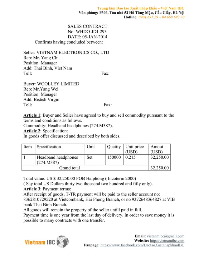 Sales contract - Mẫu hợp đồng xuất khẩu linh kiện điện tử bằng tiếng anh | PDF | Sales | Business