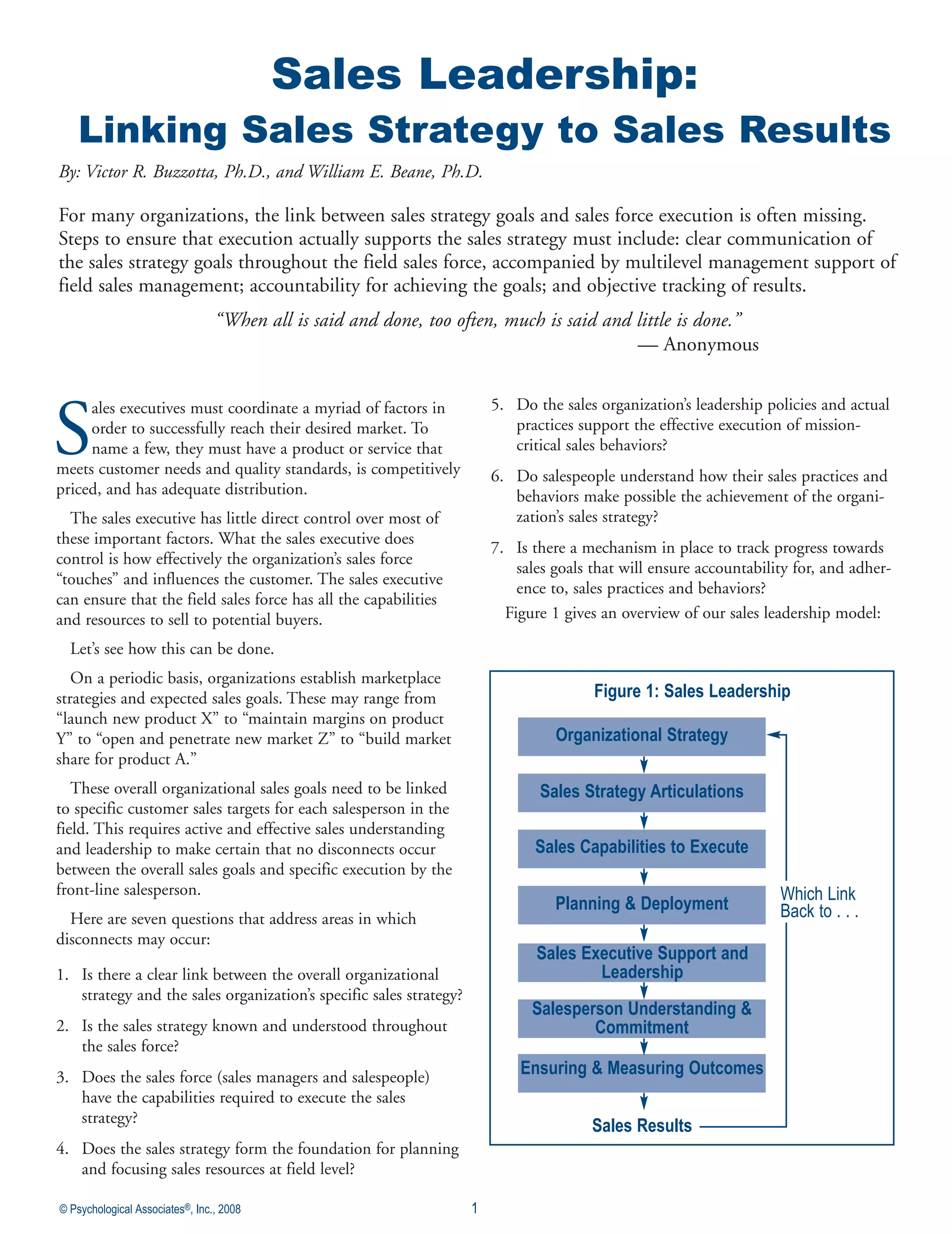Sales Leadership Linking Sales Strategy To Sales Results | PDF