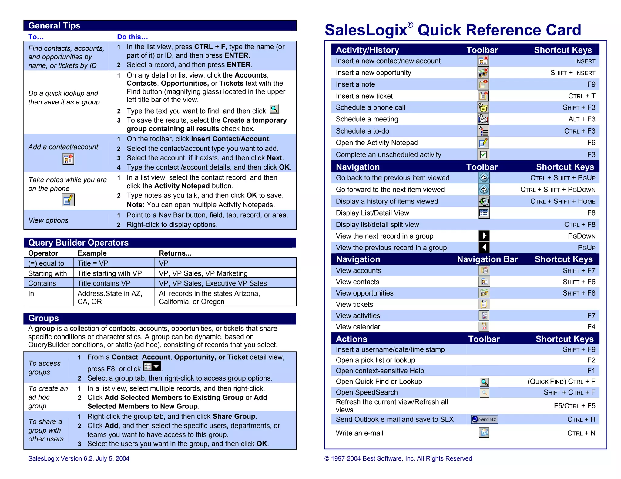 Sales logix quick reference | PDF