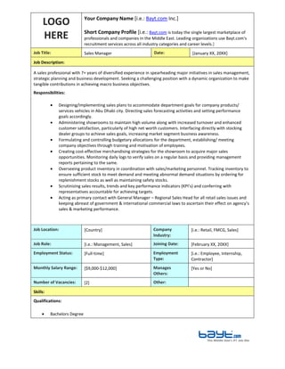 Sales Manager Lob Description Template by Bayt.com