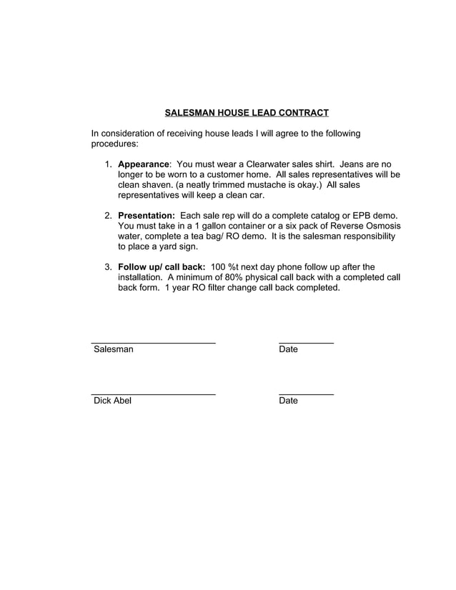 Salesman House Lead Contract | DOC | Sales | Business