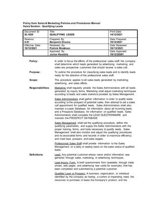 Sales marketing policies and procedures | DOC | Sales | Business
