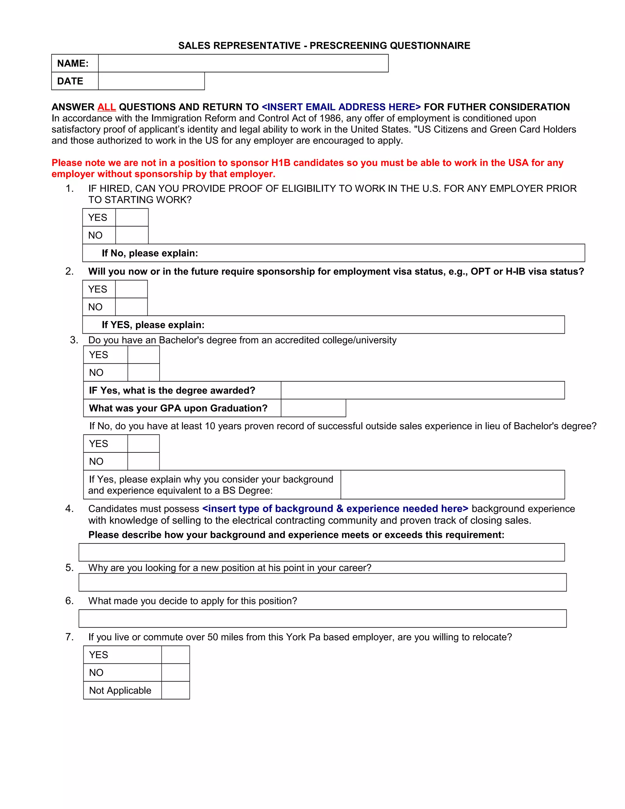 Sales rep prescreening questionnaire | DOC