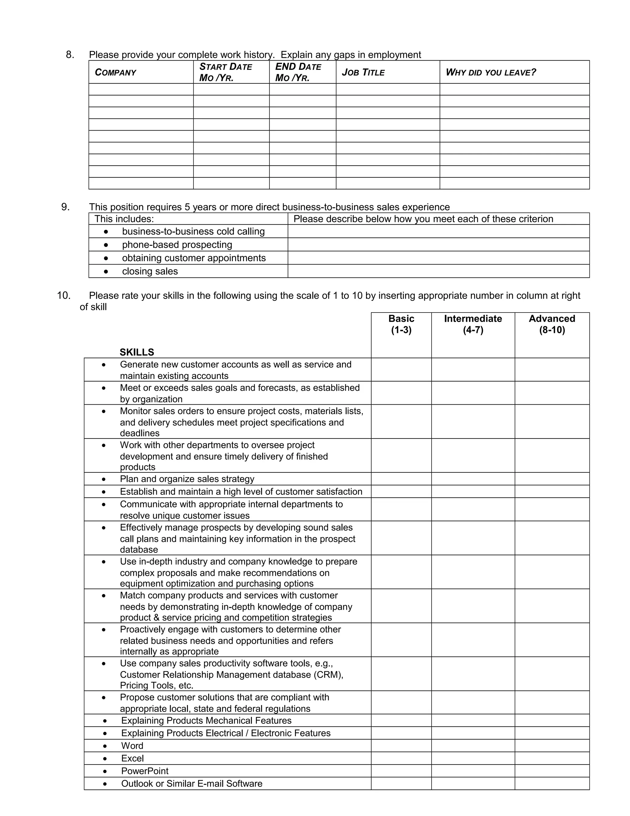 Sales rep prescreening questionnaire | DOC