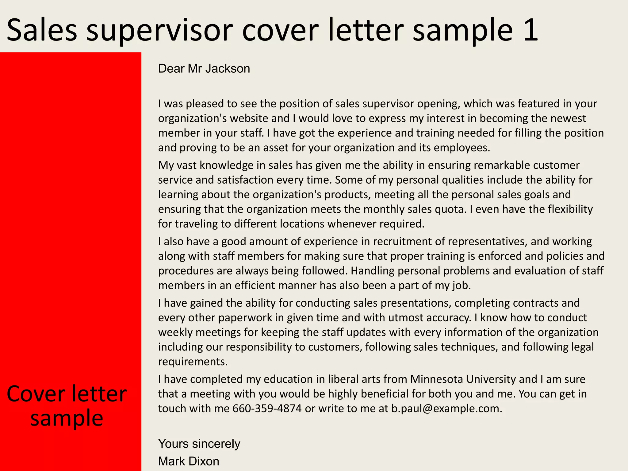 Sales supervisor cover letter | PPTX | Human Resources | Business