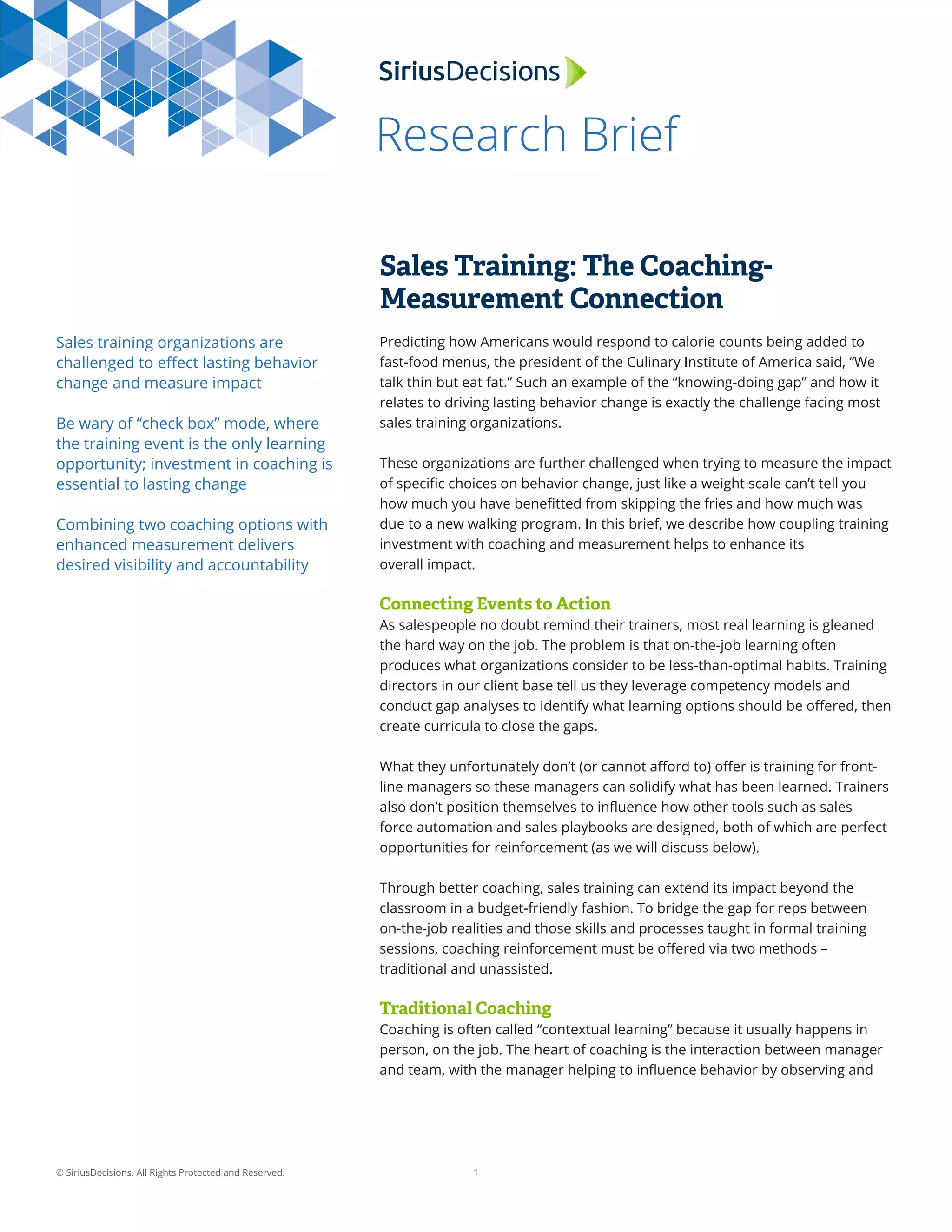 SiriusDecisions Sales Enablement Research Brief: Sales Training: The ...