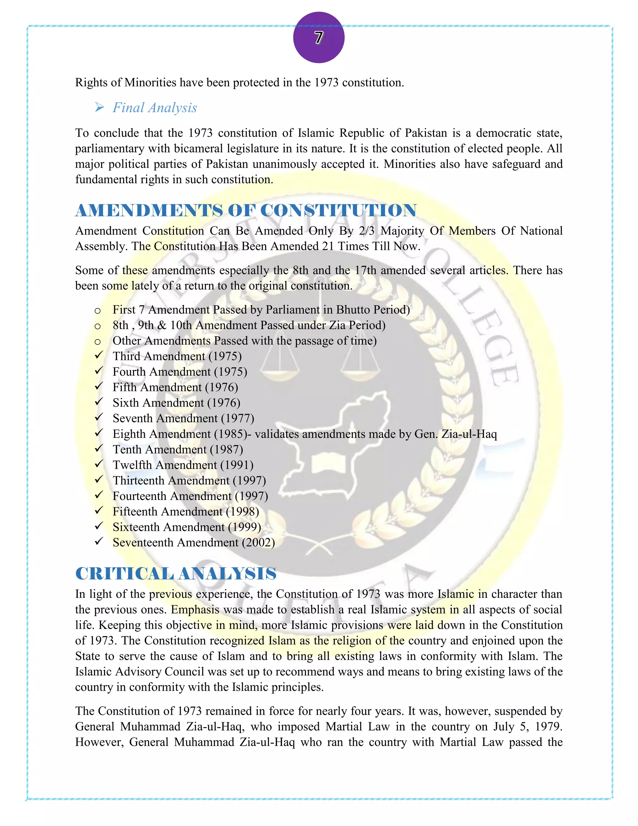 Salient feature of 1973 constitution of pakistan | PDF