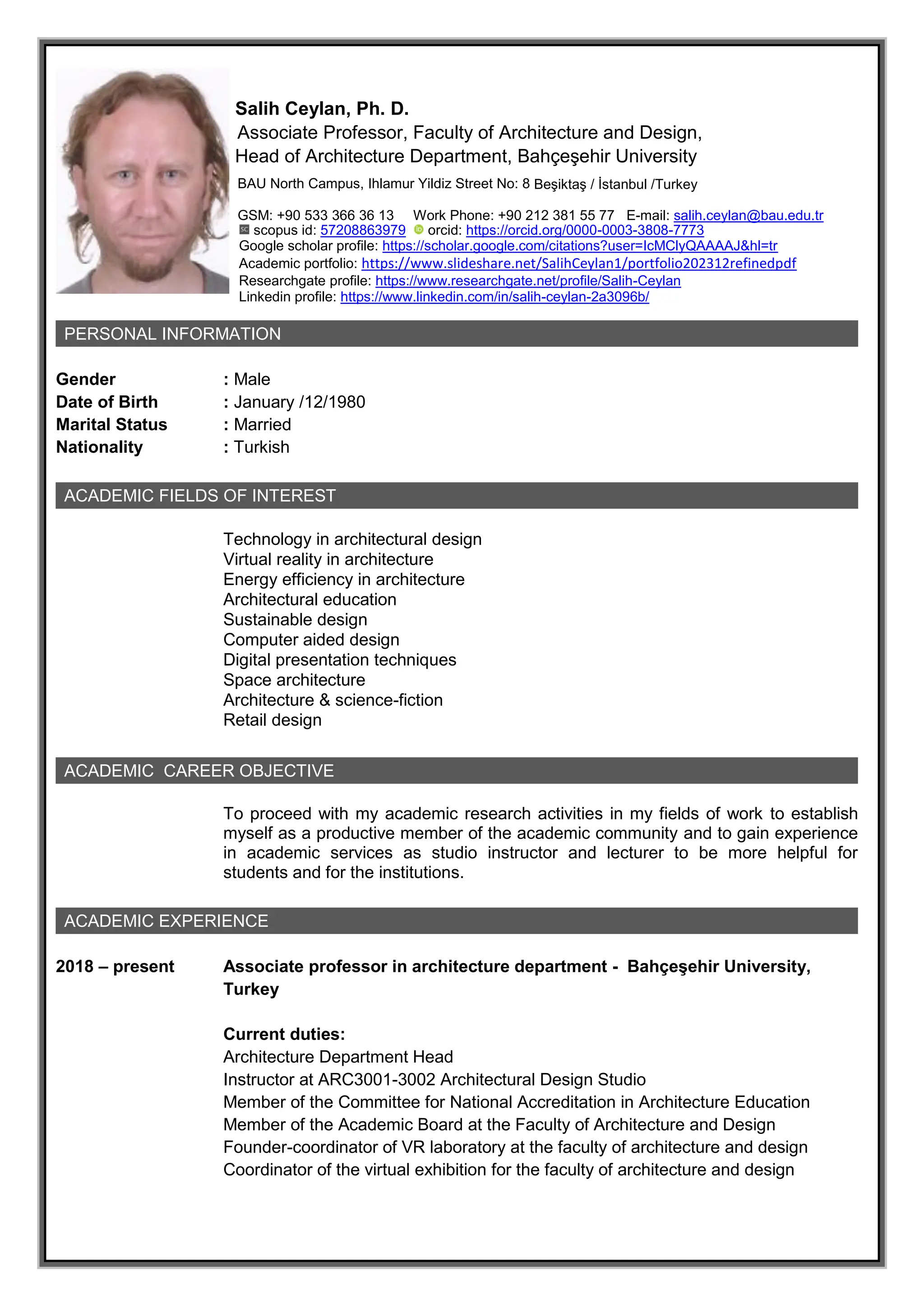 Salih Ceylan Curriculum Vitae - Academic and Professional | PDF