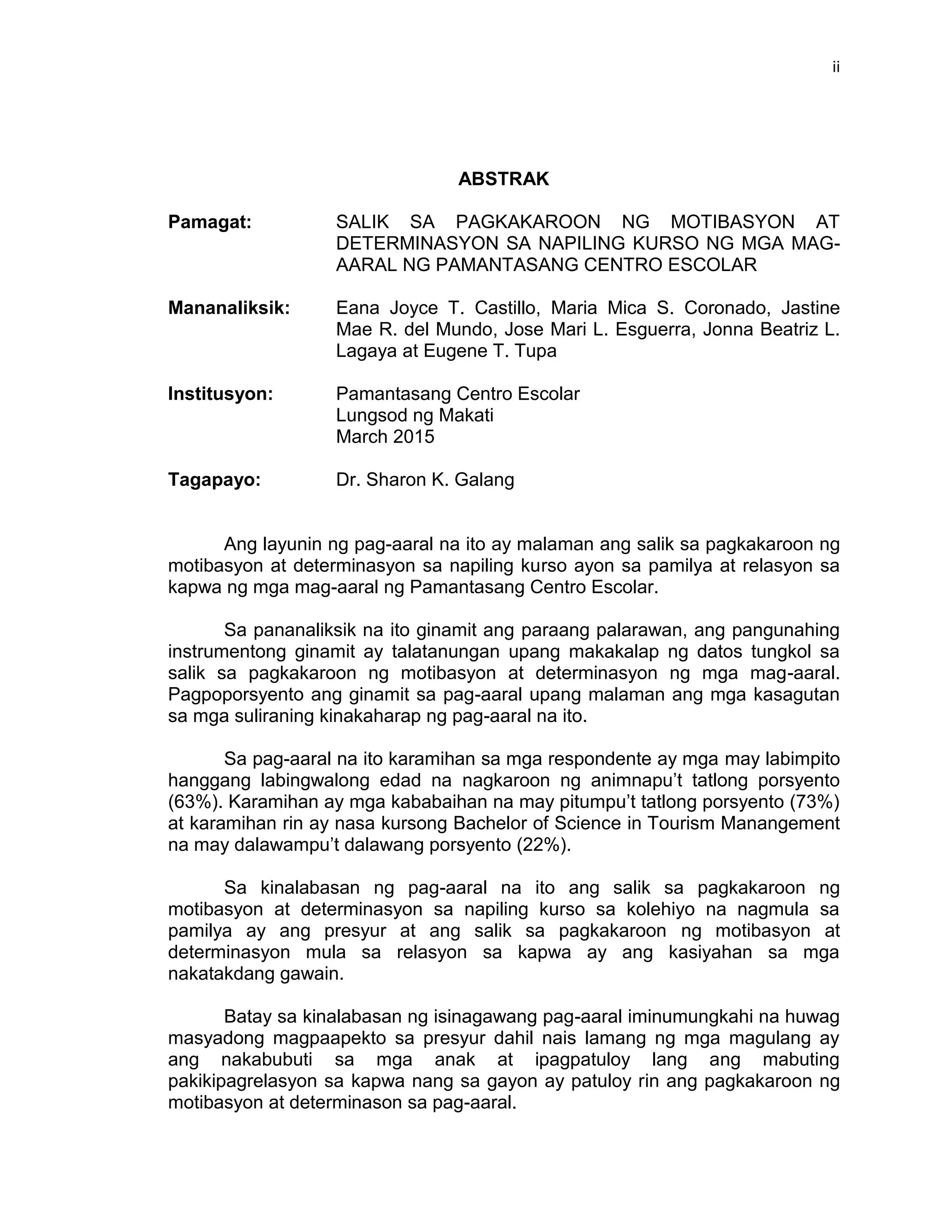Salik sa Pagkakaroon ng Motibasyon at Determinasyon sa Napiling Kurso ...