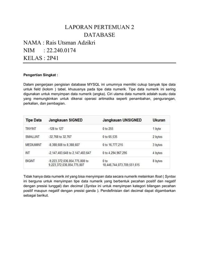 Praktikum Pertemuan 2 ( Tipe Data Numerik ) | PDF