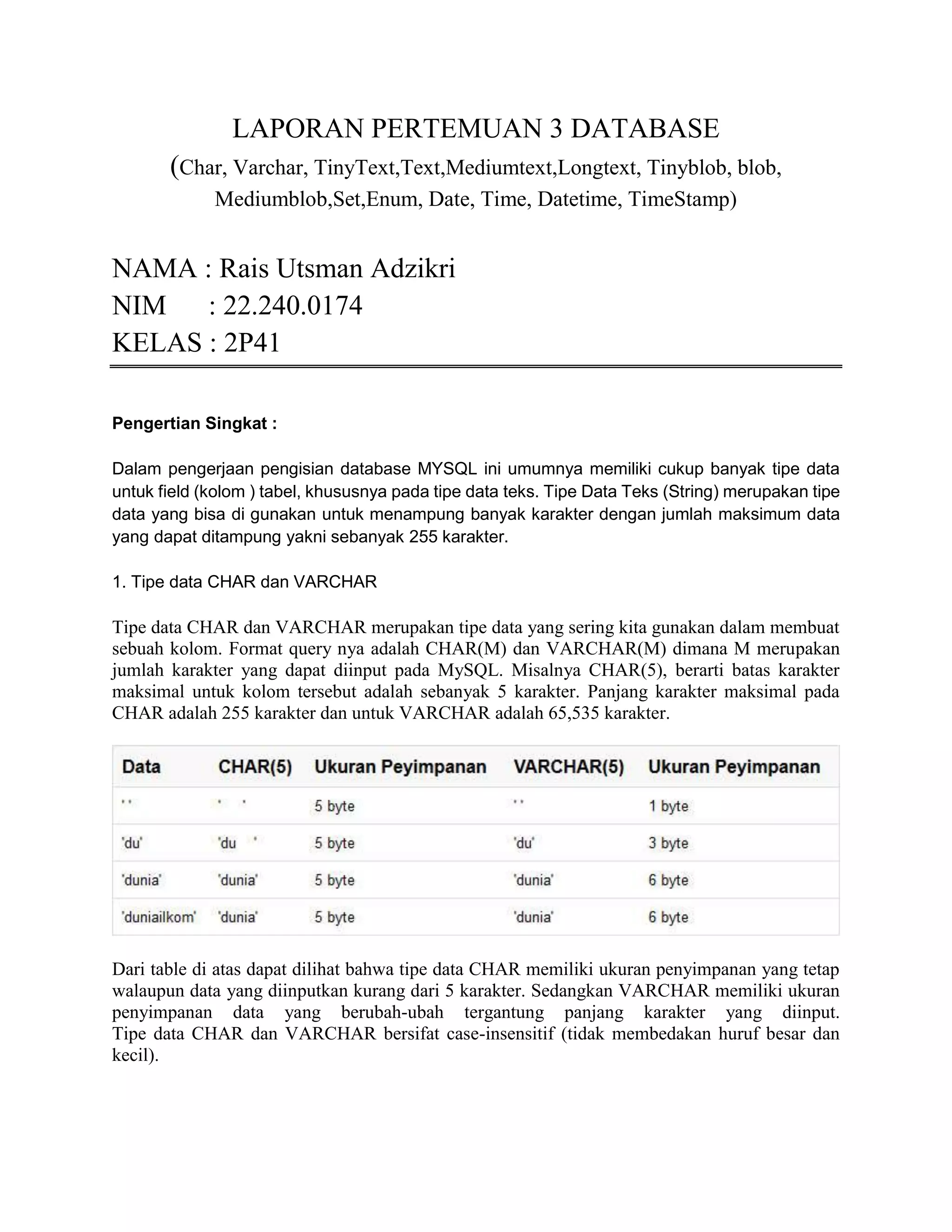 Laporan Praktikum 3 Sistem Basis Data ( Data String ) | PDF